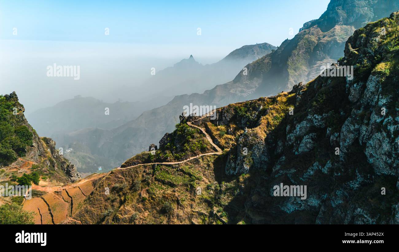 Aerial drone view of mountain peaks and pathway of Santo Antao island ...