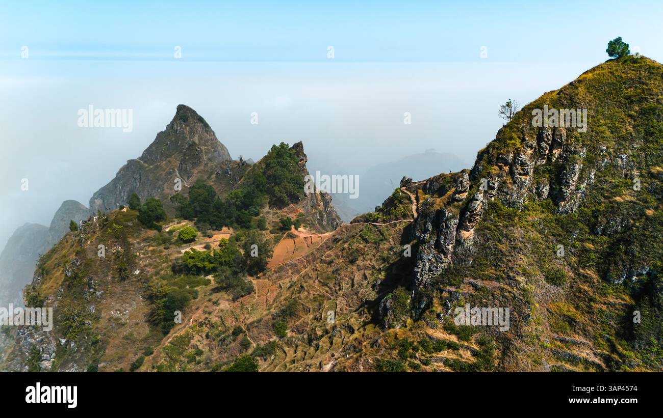 Aerial drone view of mountain peaks and pathway of Santo Antao island ...