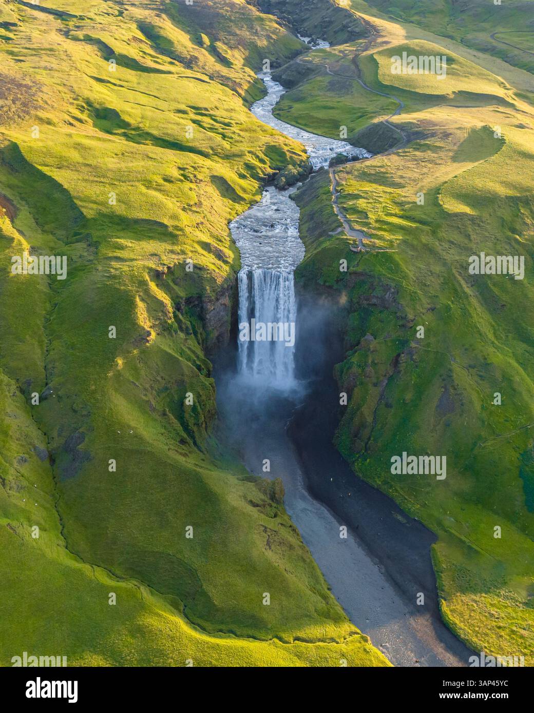 Aerial Drone View Of Sk gafoss Waterfall During Sunrise In Summer Time