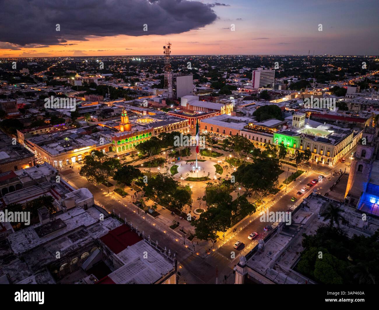 Aerial view of vibrant Plaza Grande with illuminated buildings and ...