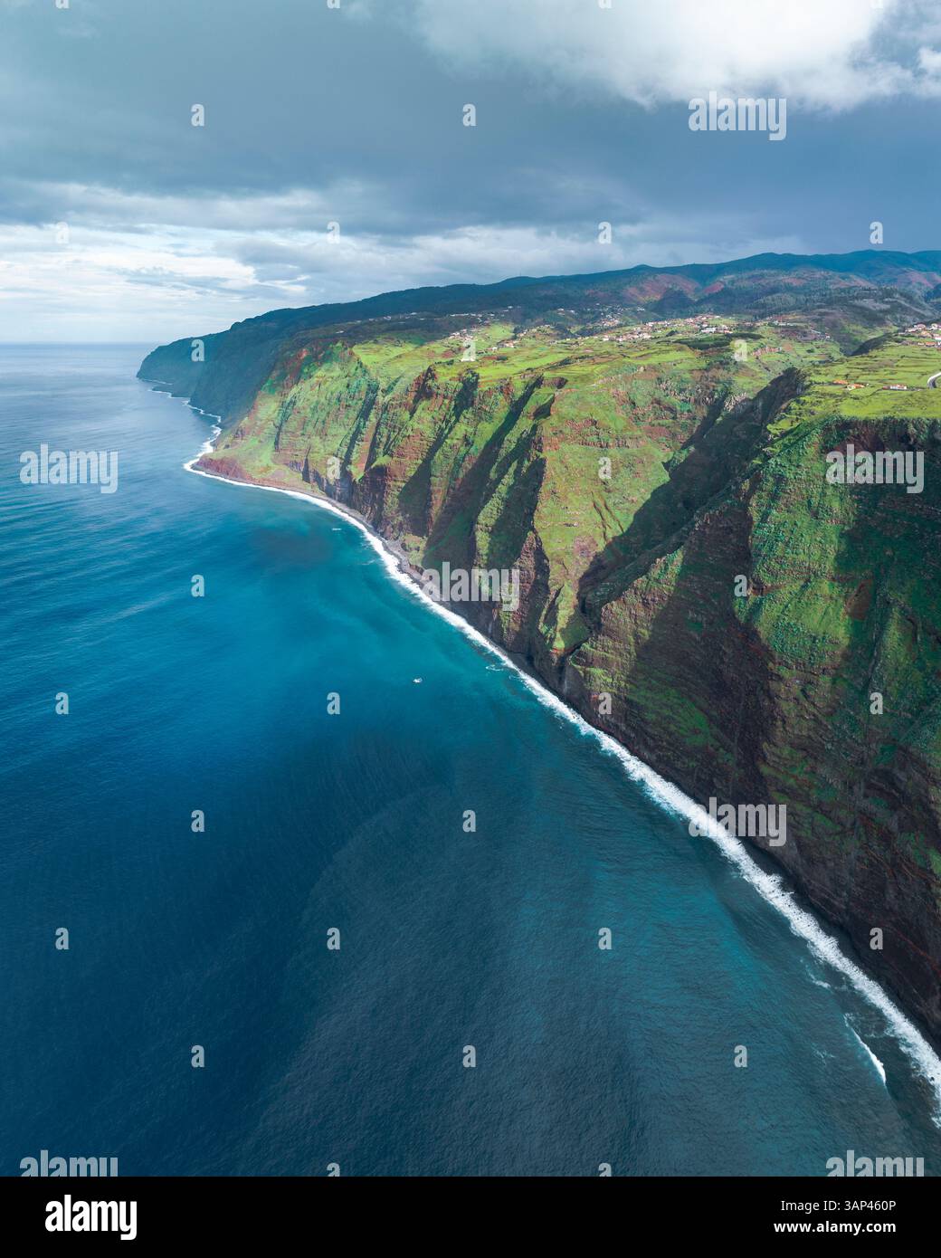 Aerial drone view of Madeira coastline and cliffs from Ponta do Pargo ...