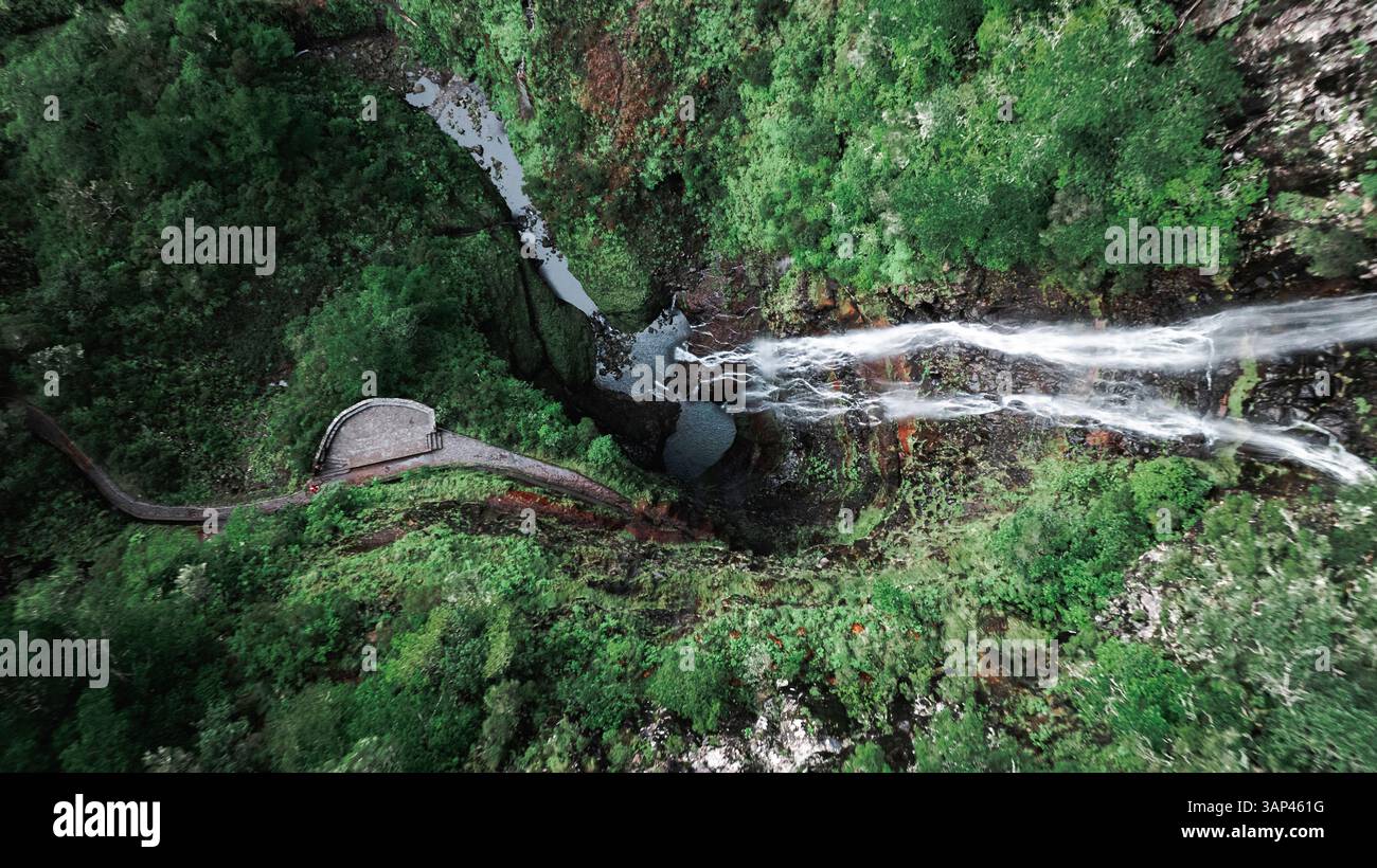 Aerial drone top-down view of Risco Waterfall at the Lagoa das 25 ...