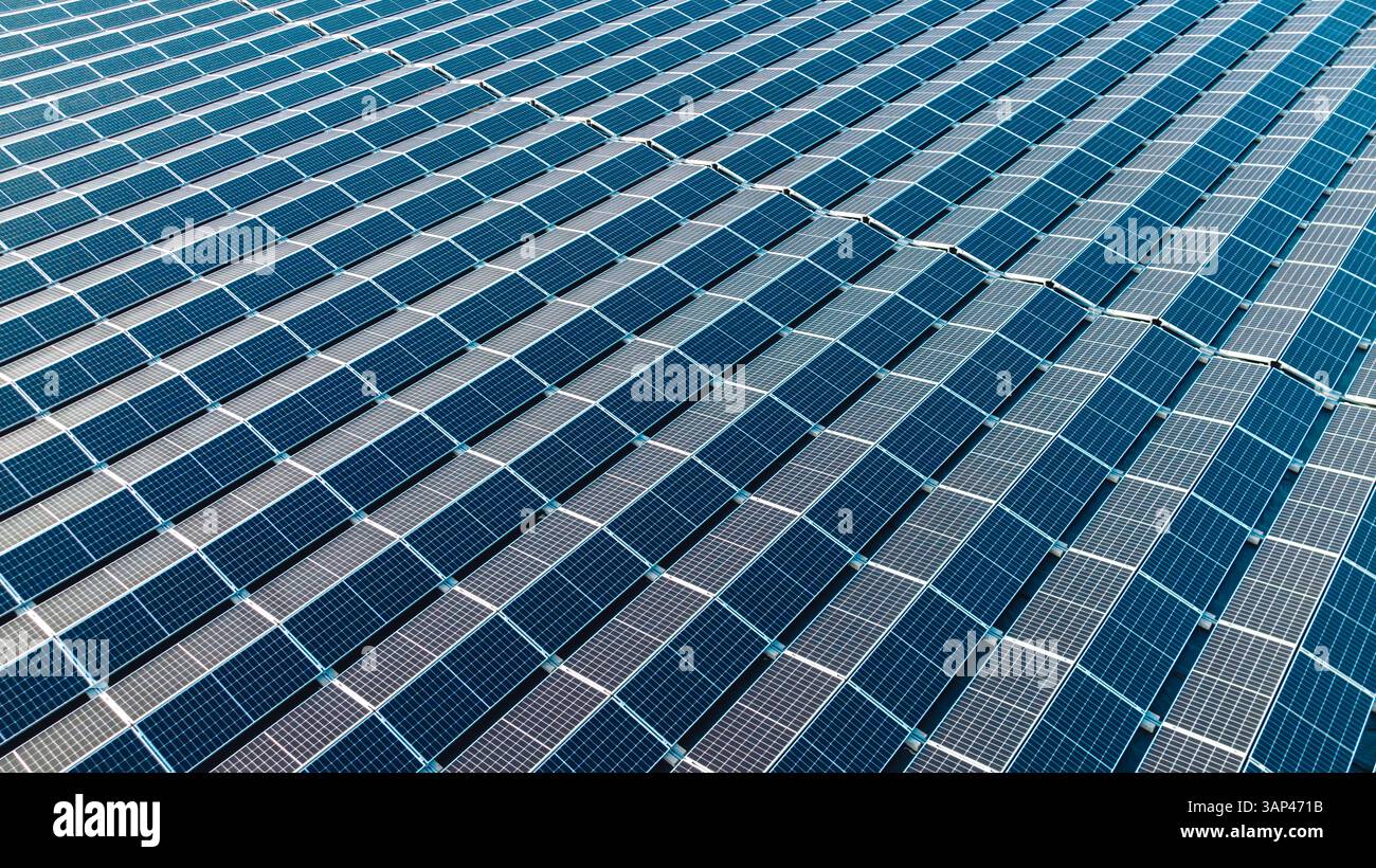 Aerial Drone top-down view of reflective solar panels, green energy ...