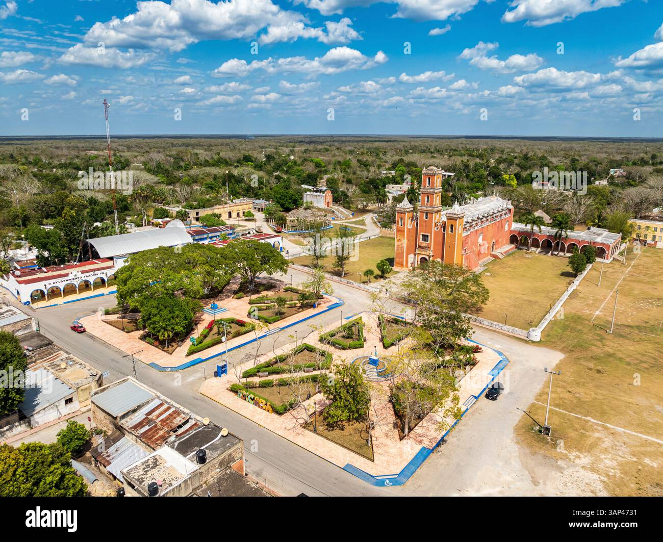 Aerial view of Mayan church, San Francisco de Asis church, Yaxcaba ...