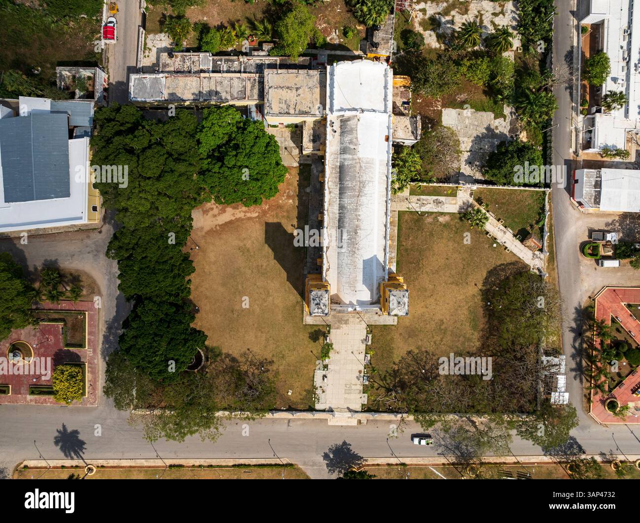 Aerial view of Mayan church with beautiful rooftop perspective, Yaxcaba ...