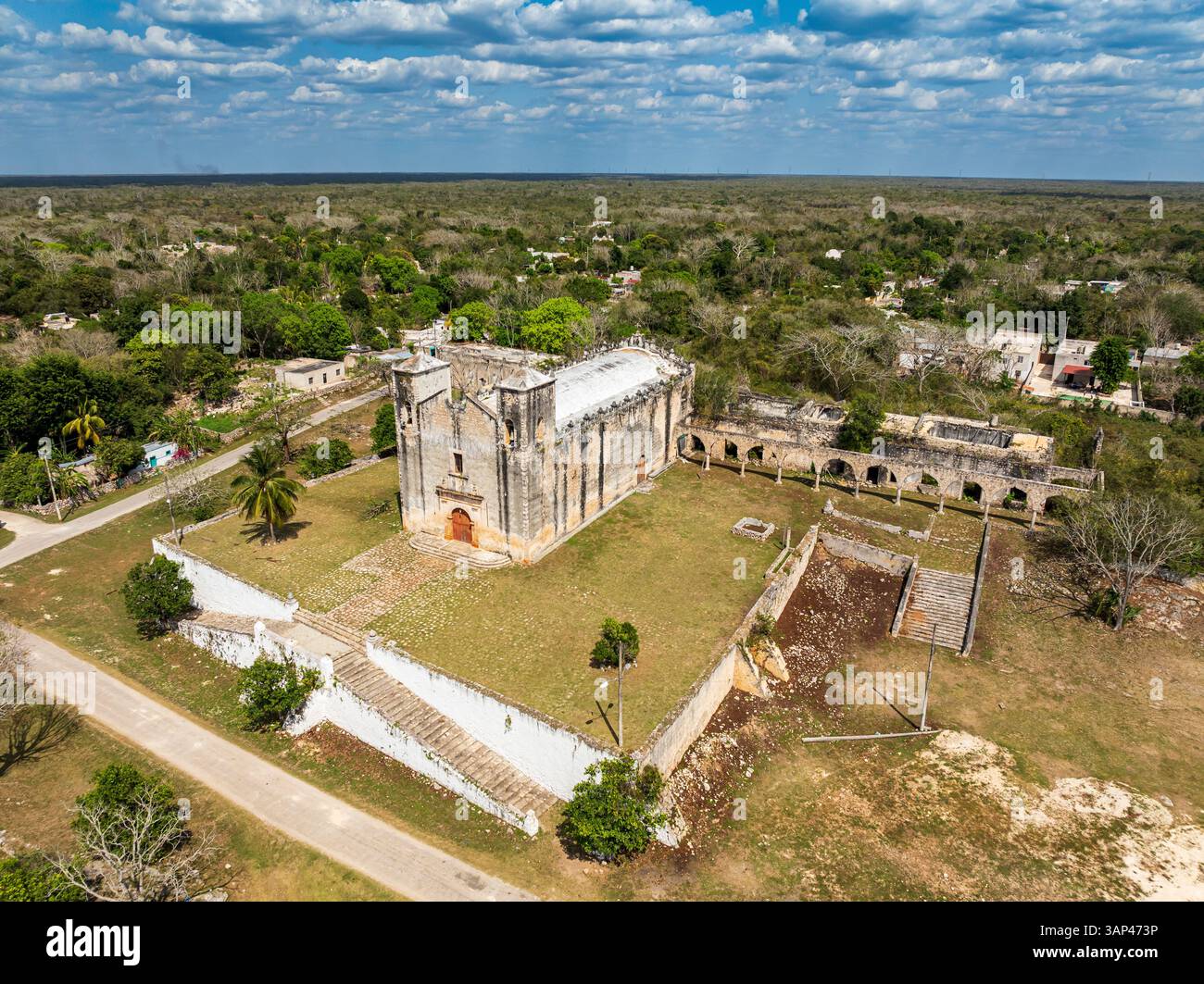 Aerial view of Mayan church, San Juan Bautista church, Yaxcaba, Yucatan ...
