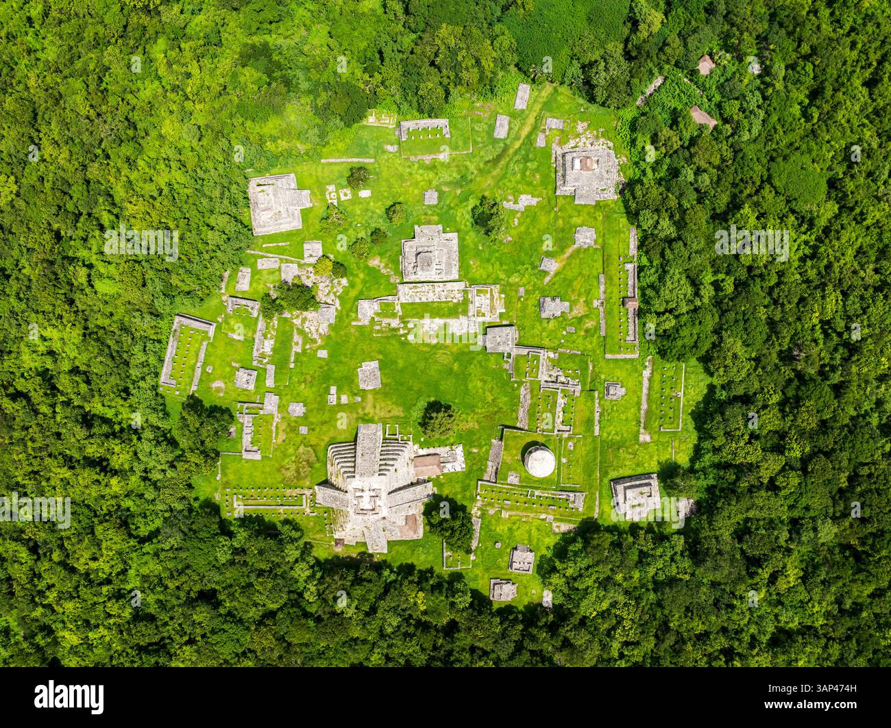 Aerial view of ancient ruins surrounded by lush forest and greenery ...