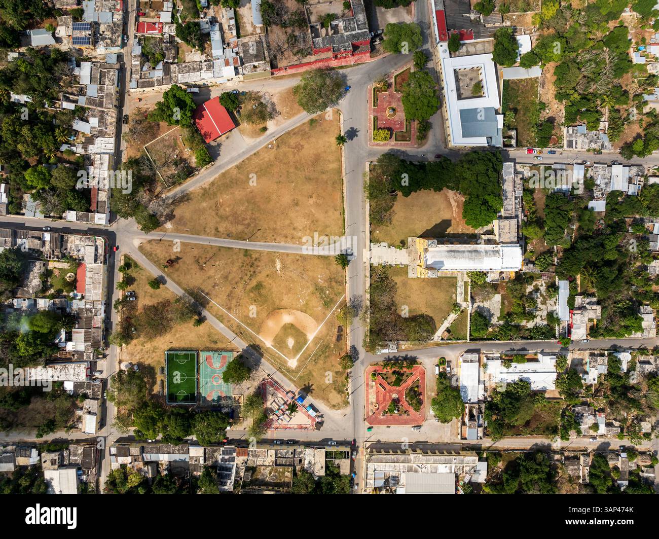 Aerial view of Mayan church and San Juan Bautista church, Yaxcaba ...
