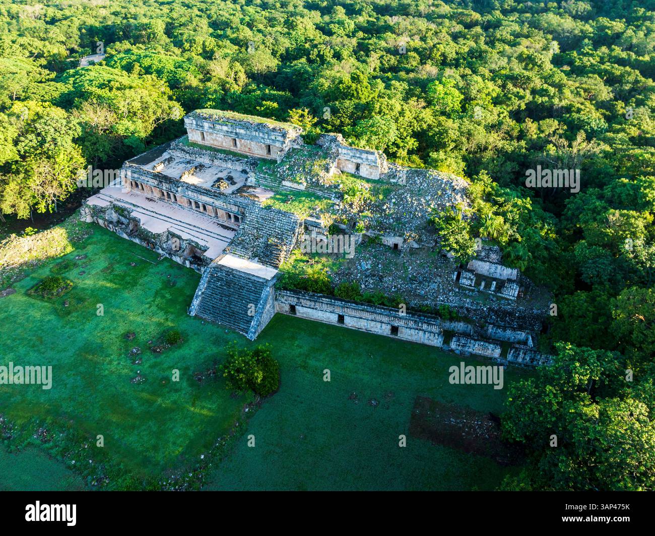 Aerial view of ancient ruins surrounded by lush greenery and forest ...