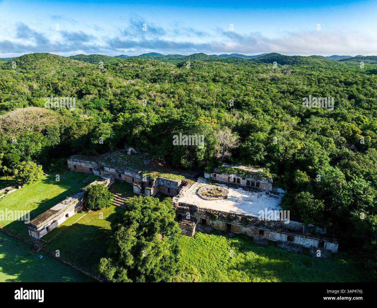 Aerial view of ancient ruins and lush greenery at the archeological ...