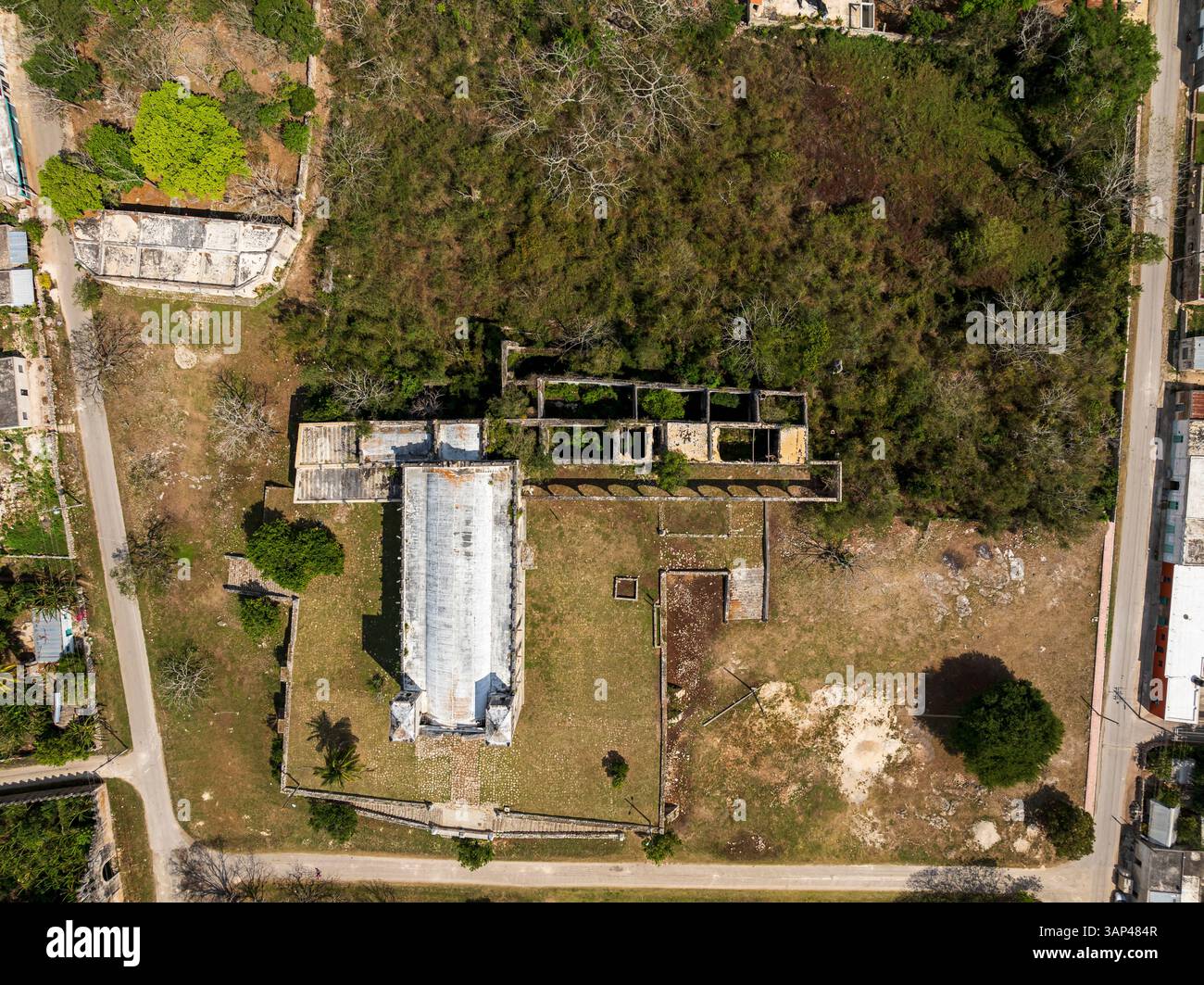 Aerial view of Mayan church, San Juan Bautista church, Yaxcaba, Yucatan ...