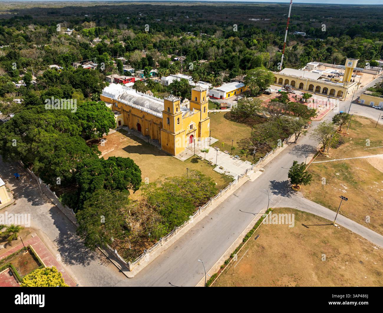Aerial view of Mayan church, San Juan Bautista church, Yaxcaba, Yucatan ...