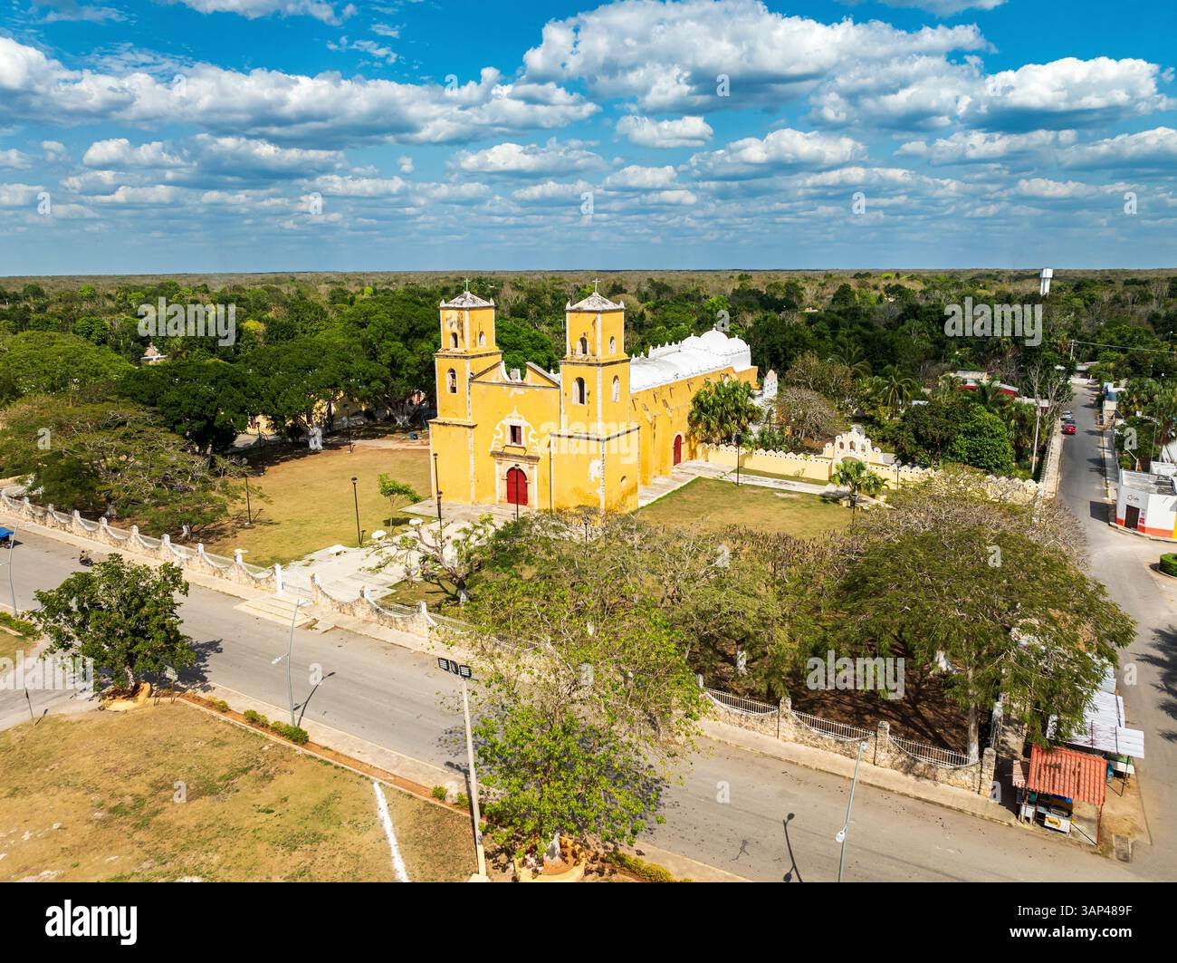 Aerial view of Mayan church, San Juan Bautista church, Yaxcaba, Yucatan ...