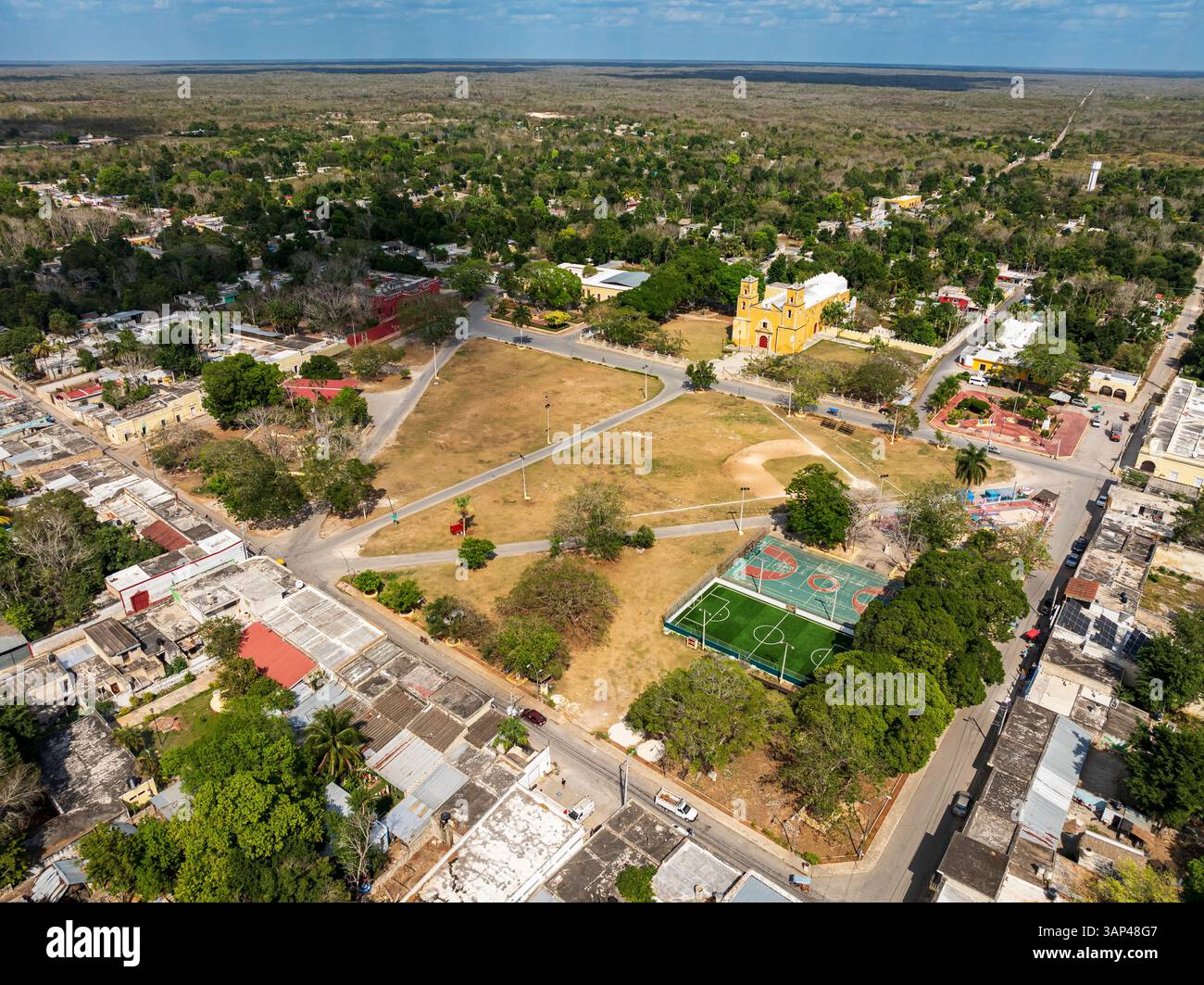 Aerial view of Mayan church, San Juan Bautista church, Yaxcaba, Yucatan ...