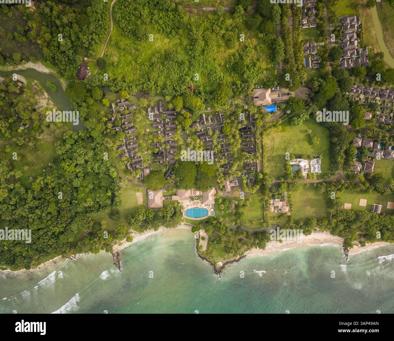 Aerial view above of traditional bungalow resort, Java island ...