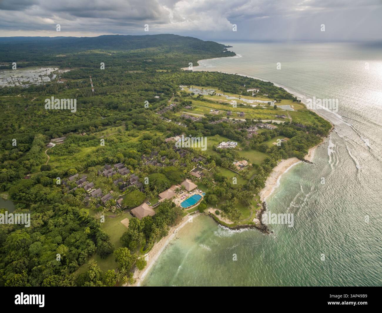 Aerial view above of traditional bungalow resort, Java island ...
