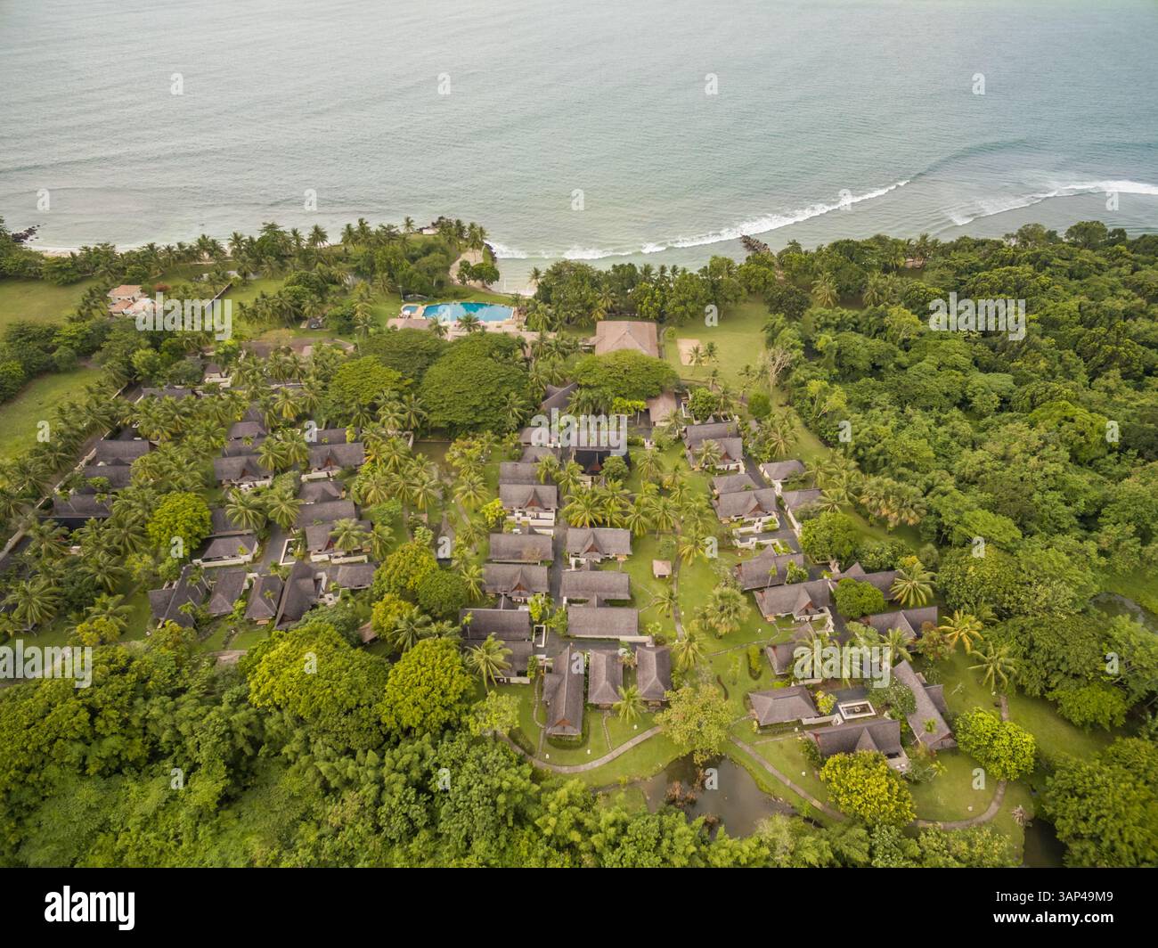 Aerial view above of traditional bungalow resort, Java island ...