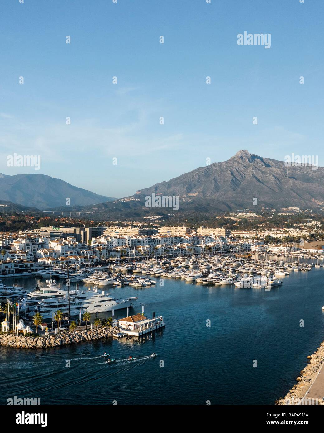 Aerial view of Puerto Banus, a small city harbour with boats and yacht ...
