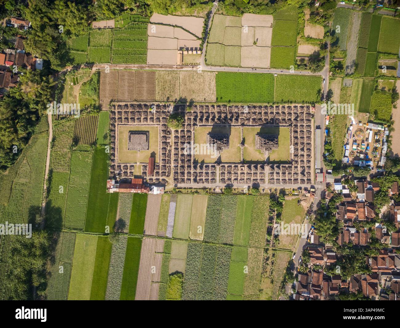 Aerial view above of well preserved archaeological ruin, Yogyakarta ...