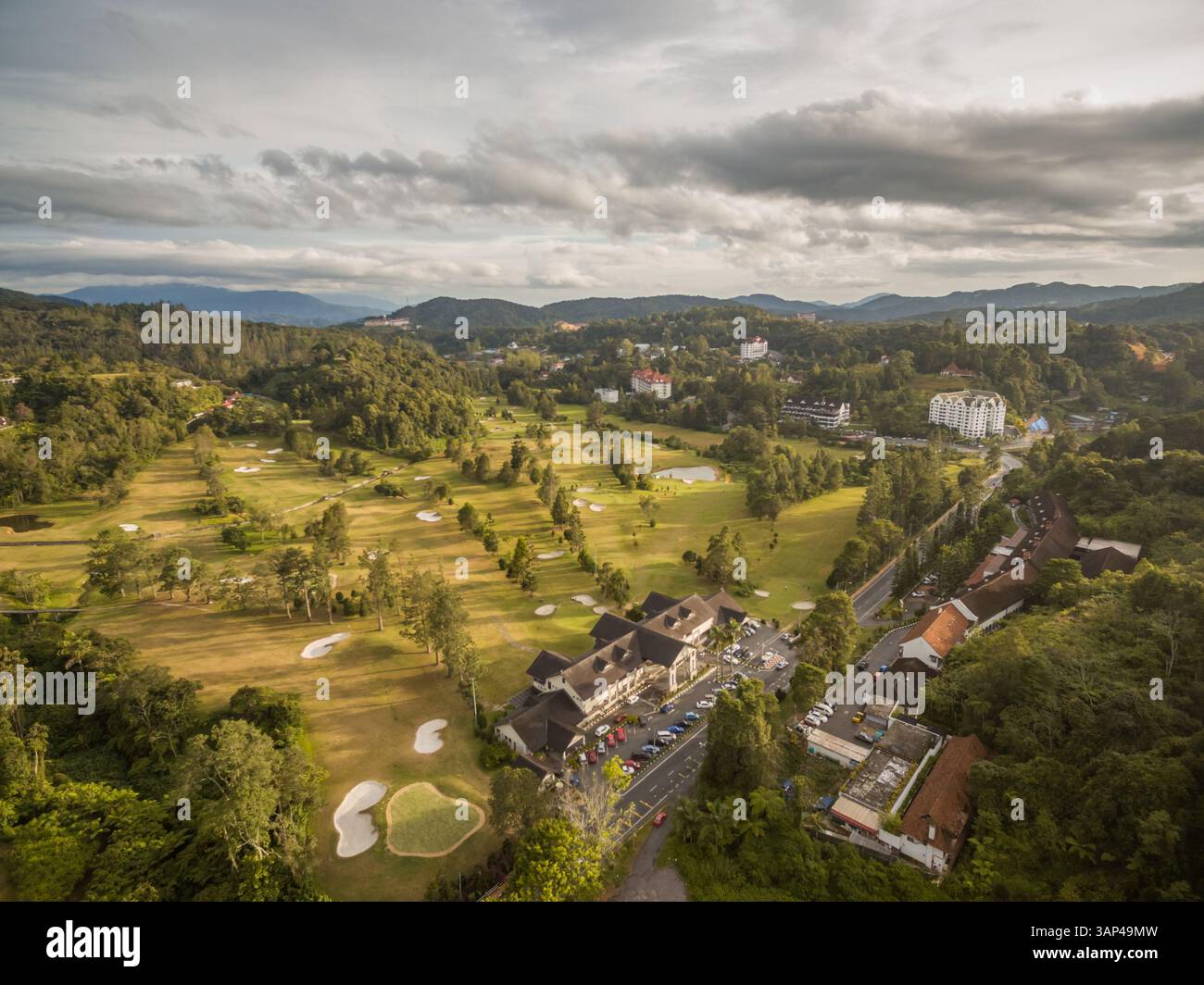 Aerial view of golf club outside of Brinchang city, Pahang, Malaysia ...