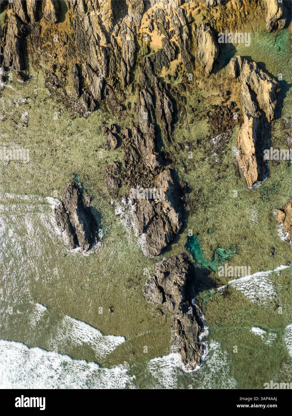 Aerial view of Adan Beach with rocky shore and blue ocean, Kunigami Son ...