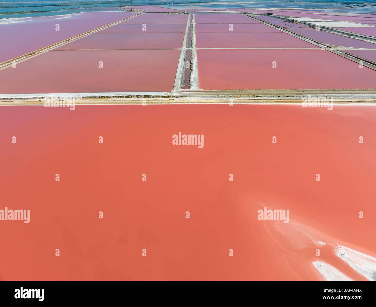 Aerial view of beautiful pink and orange salt salterns with abstract ...