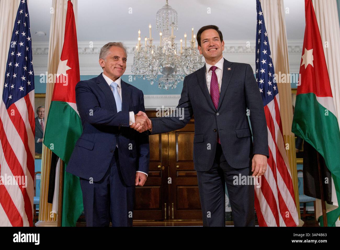 Secretary of State Marco Rubio, right, shakes hands with Jordan's Prime ...