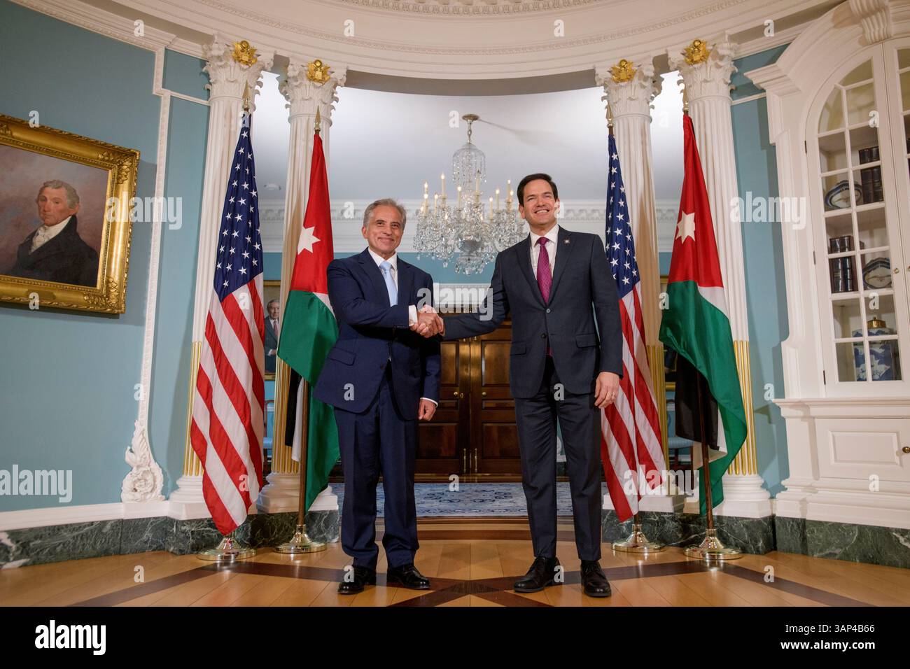 Secretary of State Marco Rubio, right, shakes hands with Jordan's Prime ...