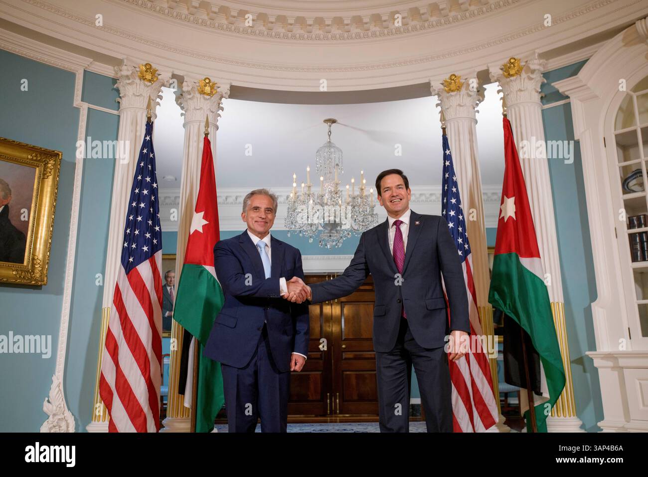 Secretary of State Marco Rubio, right, shakes hands with Jordan's Prime ...