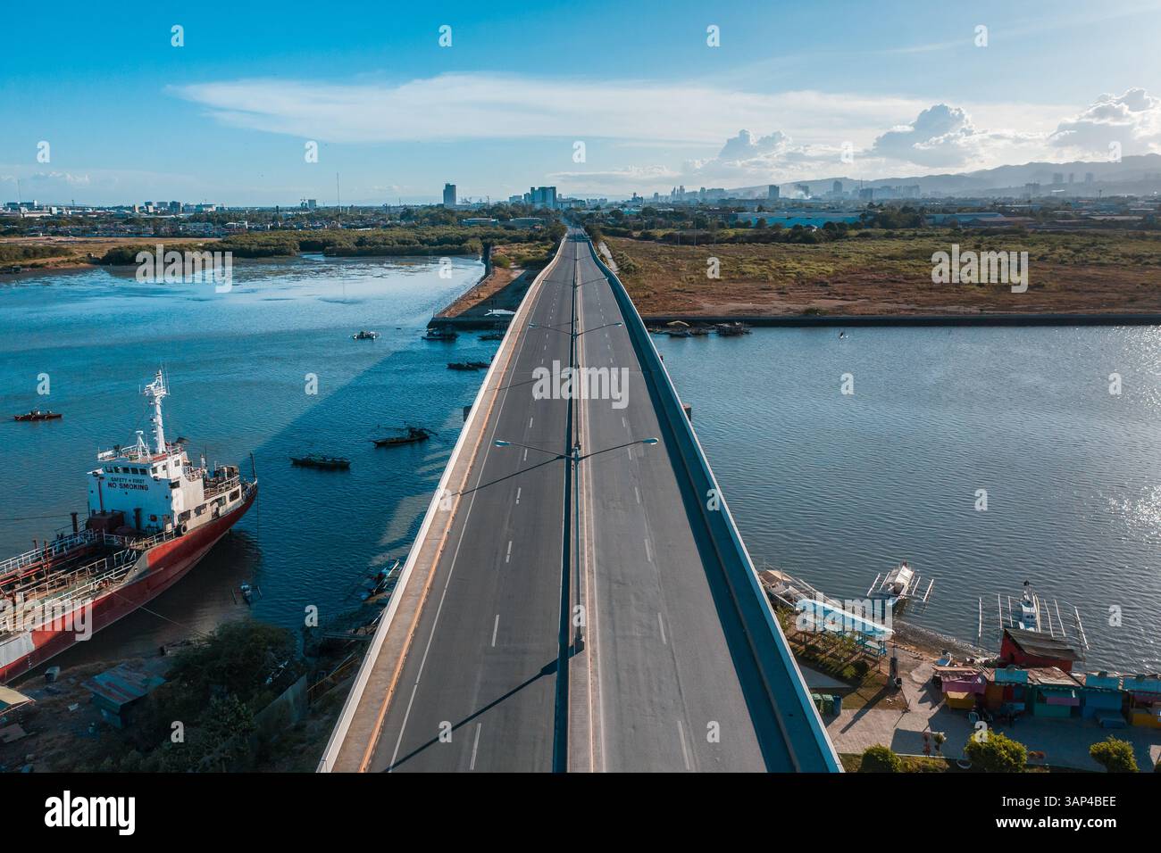 An aerial view of an empty Cansaga Bay Bridge on April 10, 2020 in Cebu ...