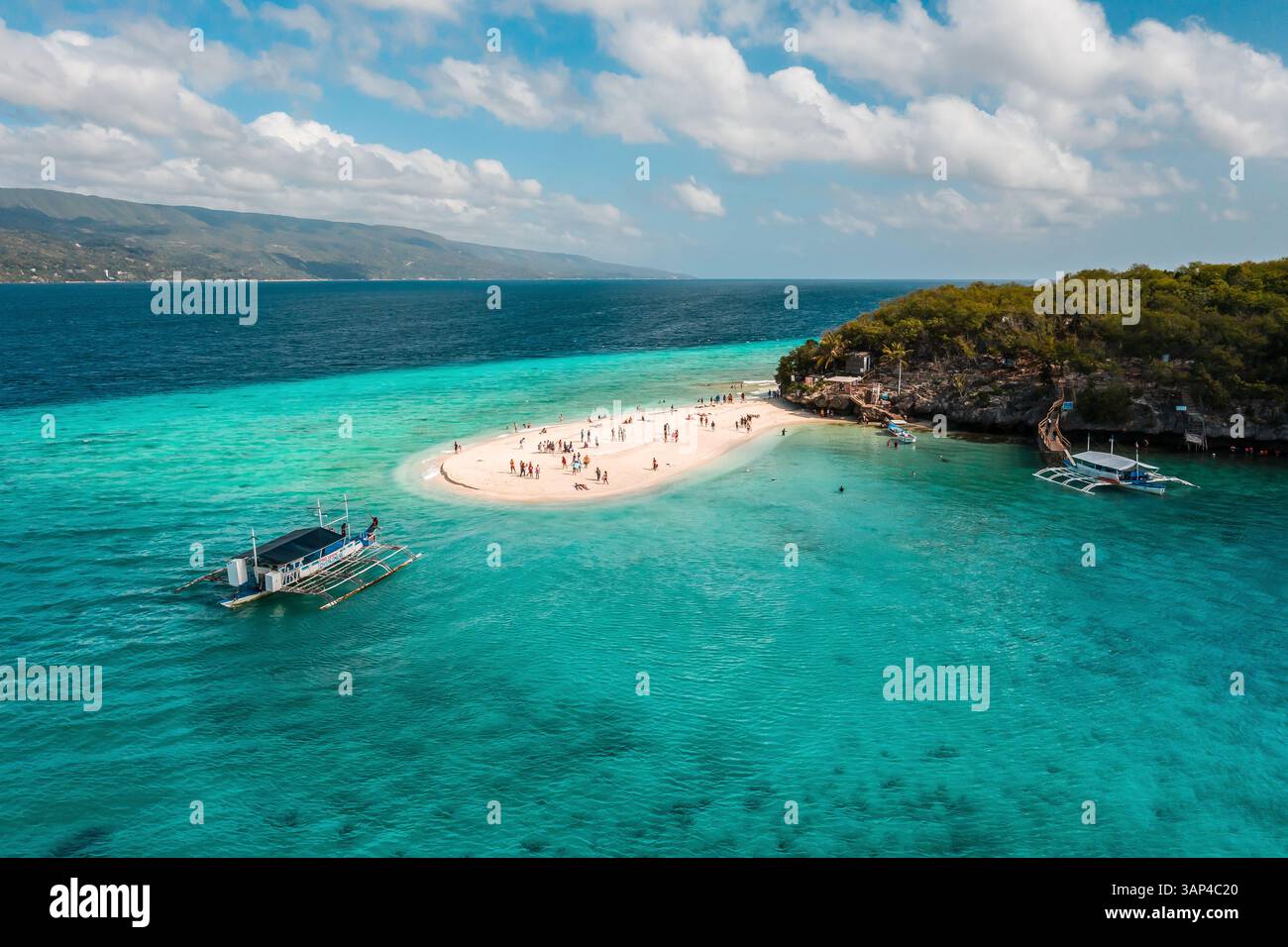 Aerial view of Sumilon Island's famous white sand bar in Oslob, Cebu ...