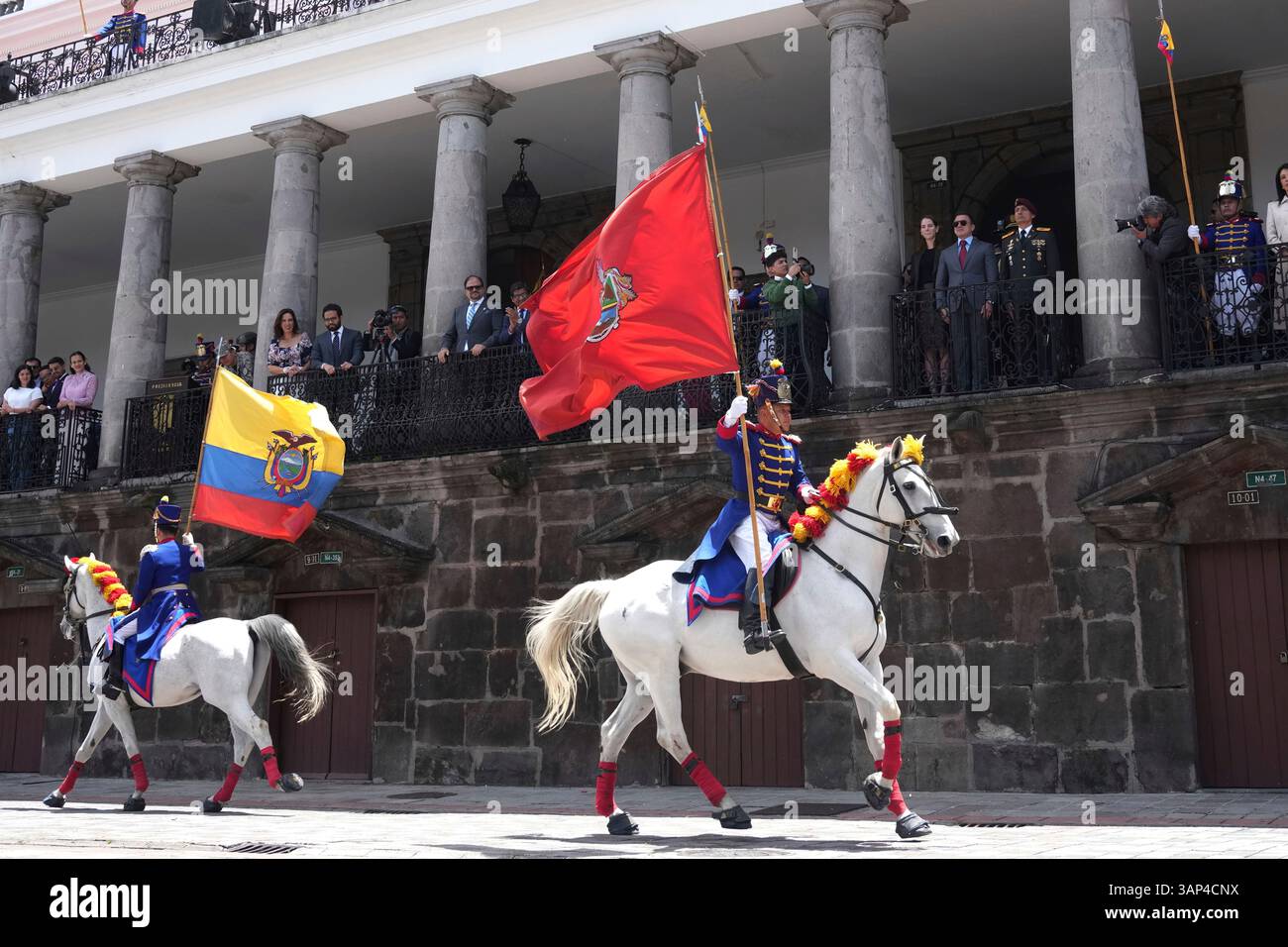 Ecuador's President Daniel Noboa and his wife Lavinia Valbonesi, top right, attend the changing ...
