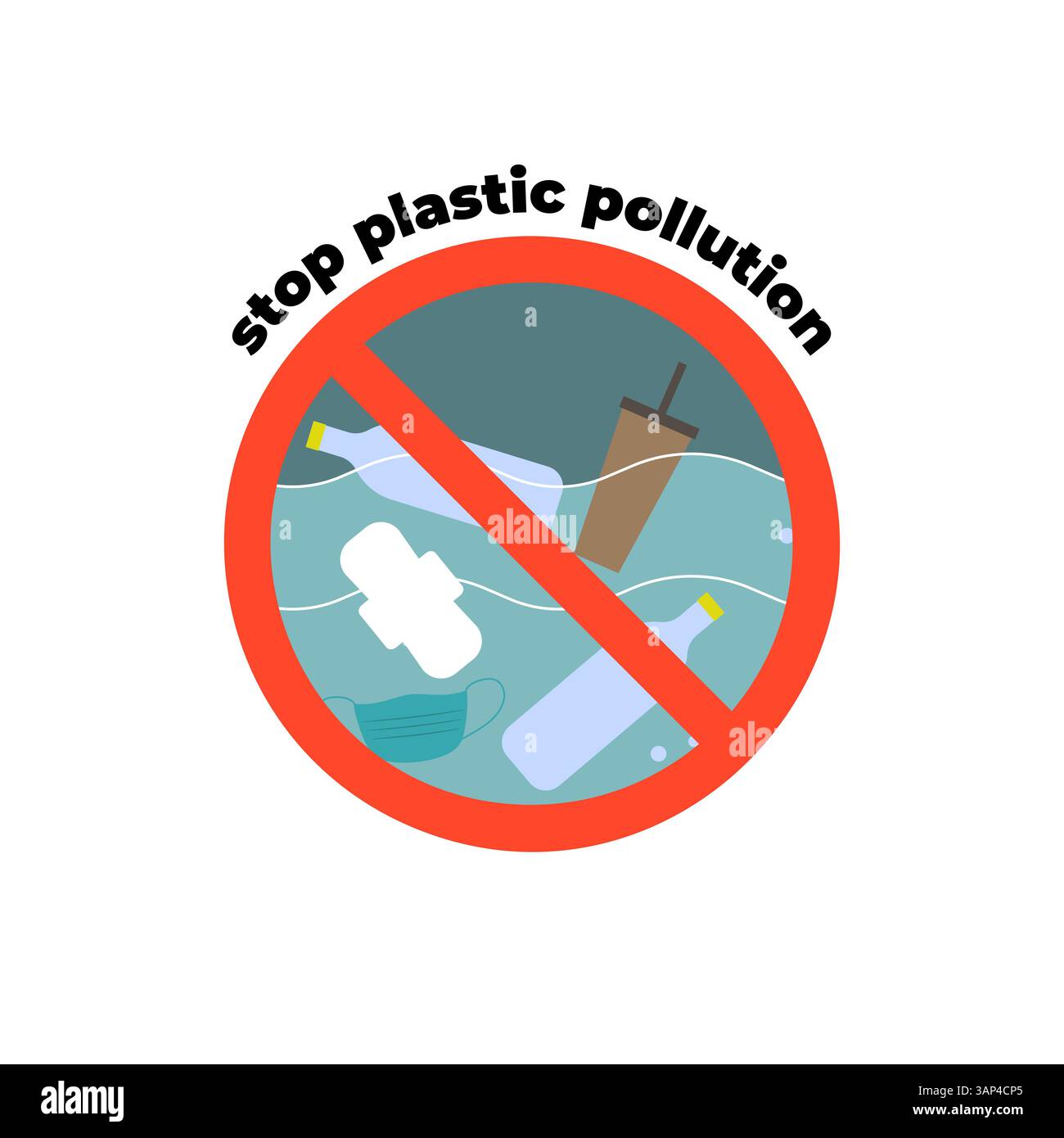 Red prohibition sign garbage floating in ocean with text Stop Plastic ...