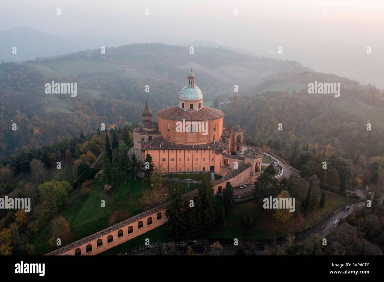 Aerial view of Sanctuary of the Madonna di San Luca in Bologna, Italy ...