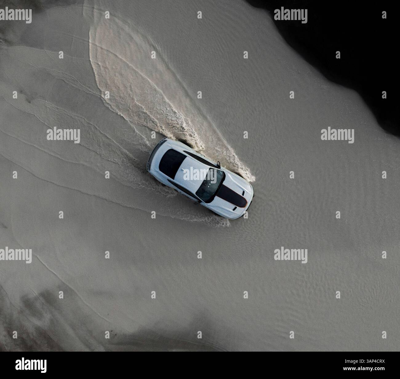 Aerial view of the Ford Mustang Mach 1 driving true a large puddle ...