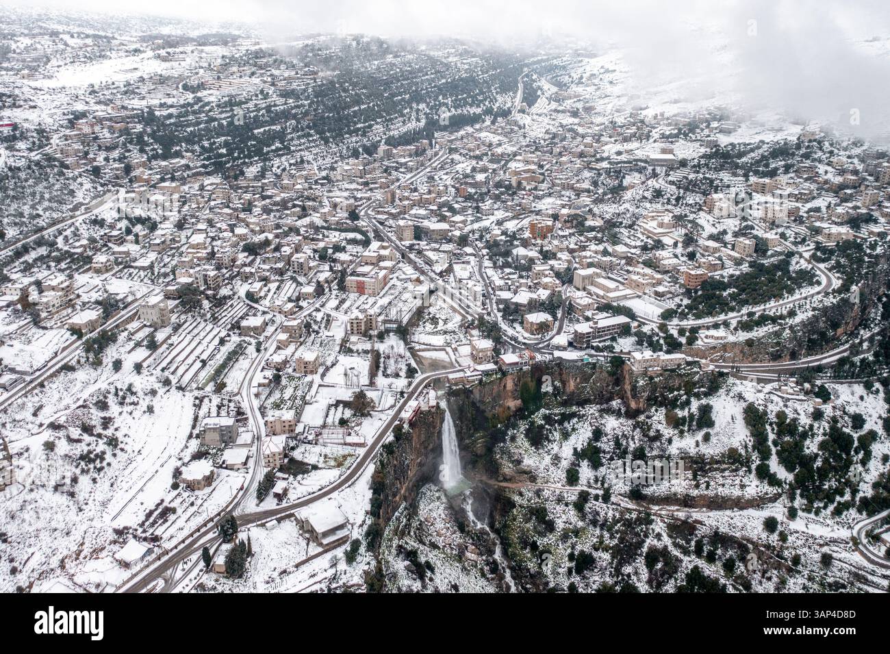 Aerial view of Jezzine small town under the snow in wintertime, Jezzine ...