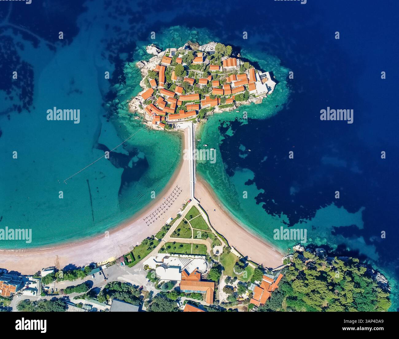 Aerial view of Sveti Stefan beautiful luxury island Budva, Montenegro ...