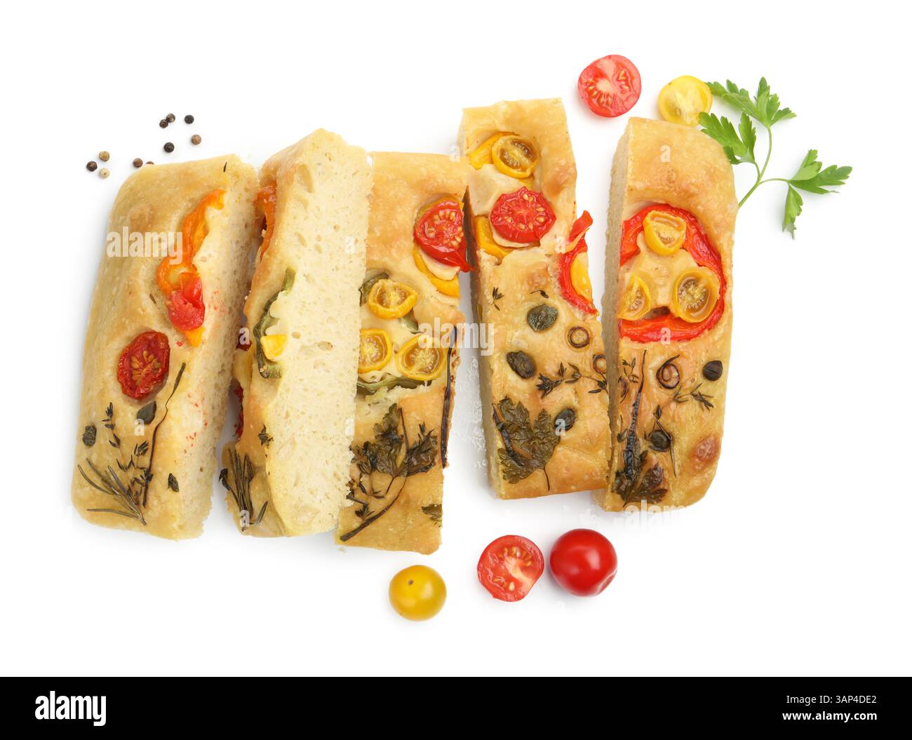 Cut delicious focaccia with flowers made of vegetables and ingredients ...