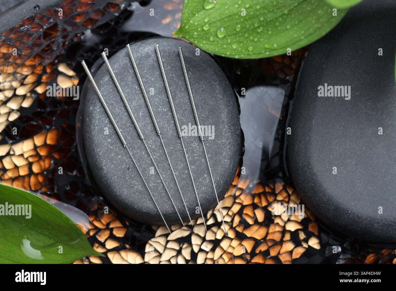 Acupuncture needles, spa stones and wet leaf in water, top view Stock ...