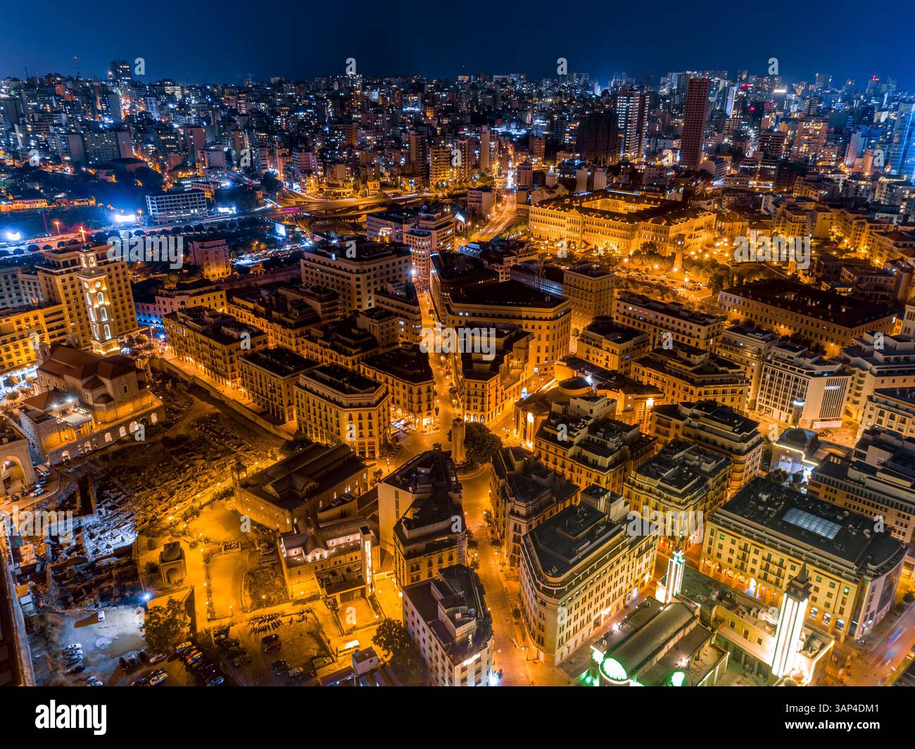 Aerial view of central district of Beirut at night, Beirut, Lebanon ...
