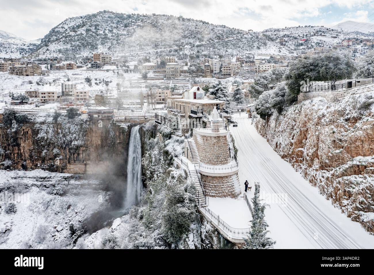 Aerial view of Jezzine Waterfall and the Lady of Jezzine statue in ...