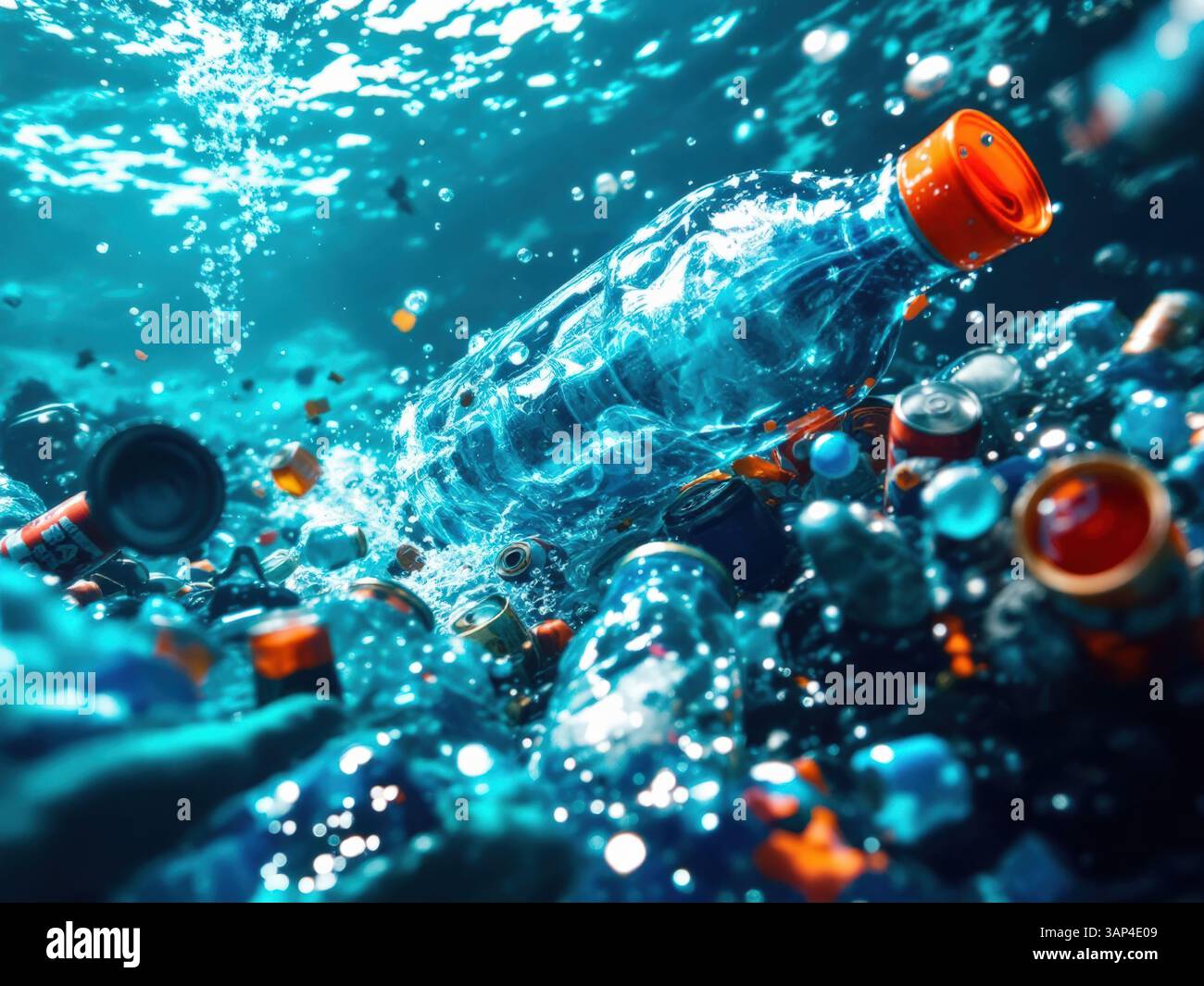 A plastic bottle sinks beneath the waves surrounded by other trash cans ...