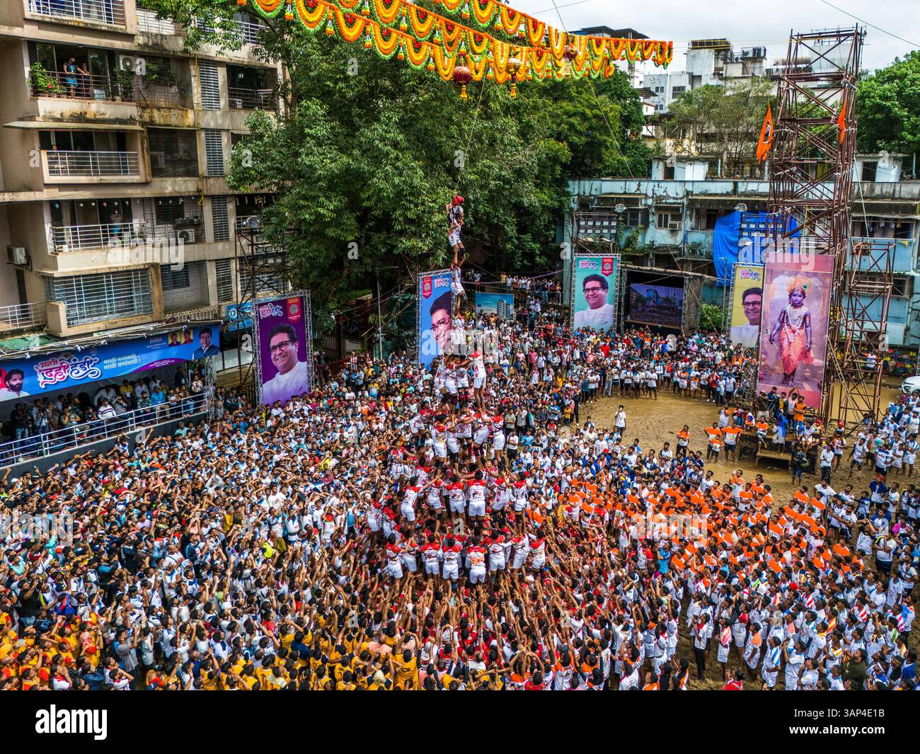 Mumbai, India - 27 August 2024: Aerial view of a vibrant dahi handi ...
