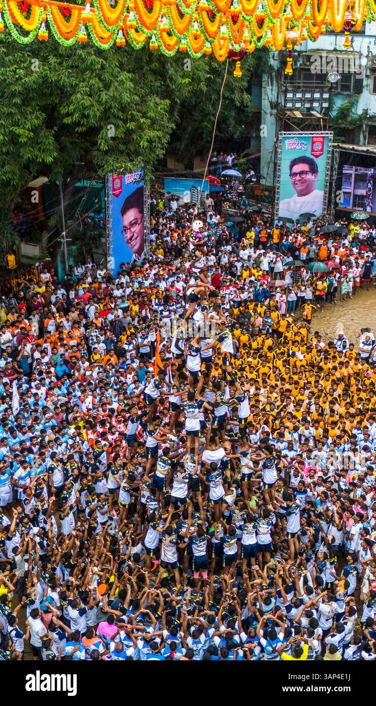 Mumbai, India - 27 August 2024: Aerial view of vibrant dahi handi ...