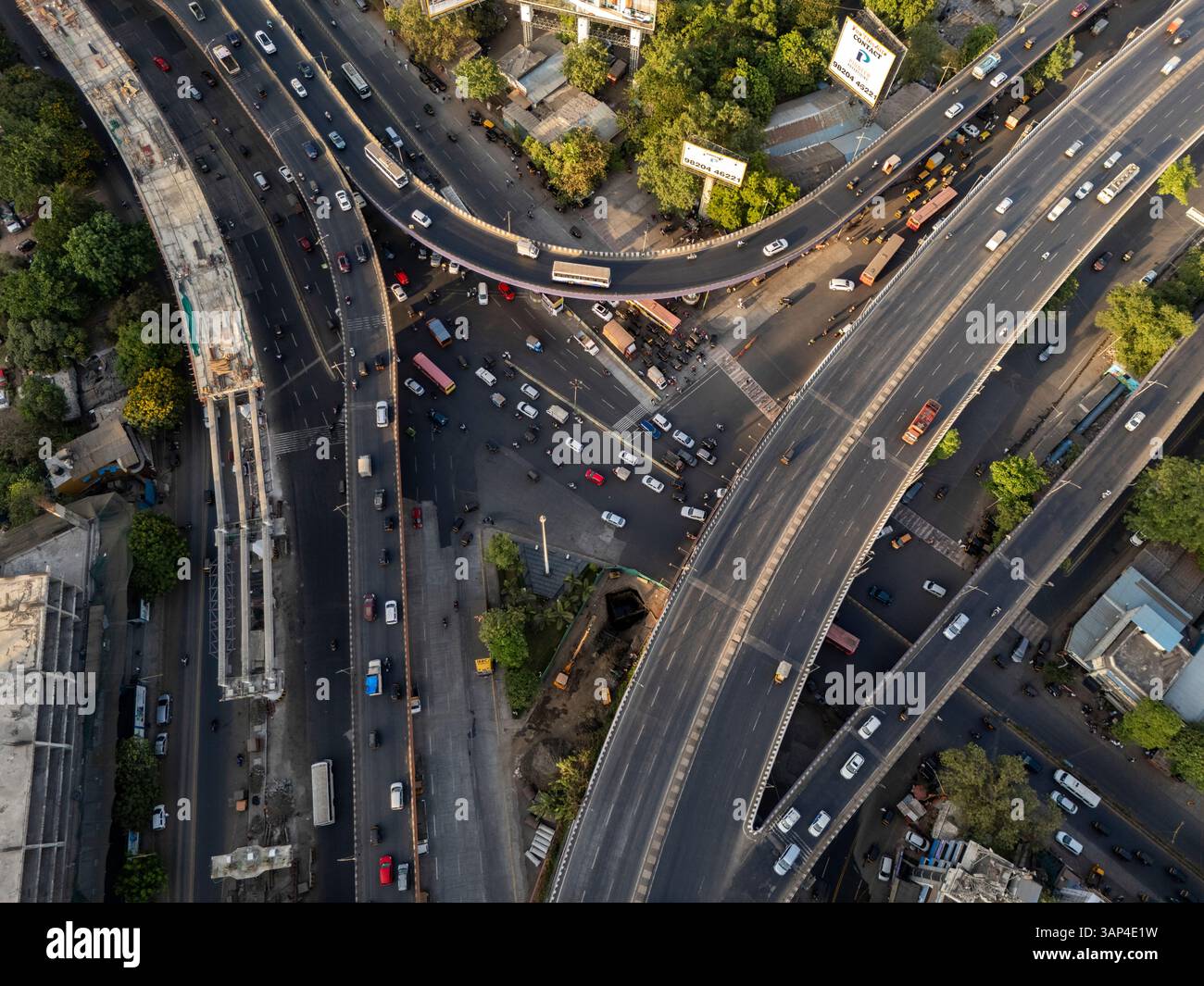 Aerial view of a bustling urban landscape with a busy highway, bridge, and modern buildings ...