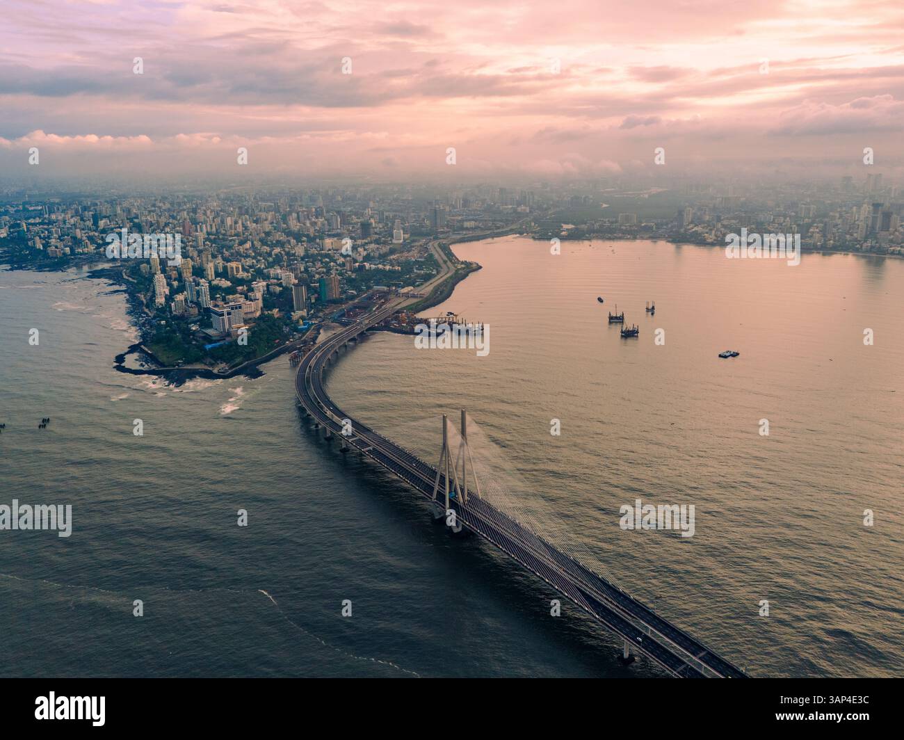 Aerial view of beautiful Worli Sealink bridge with a stunning skyline ...