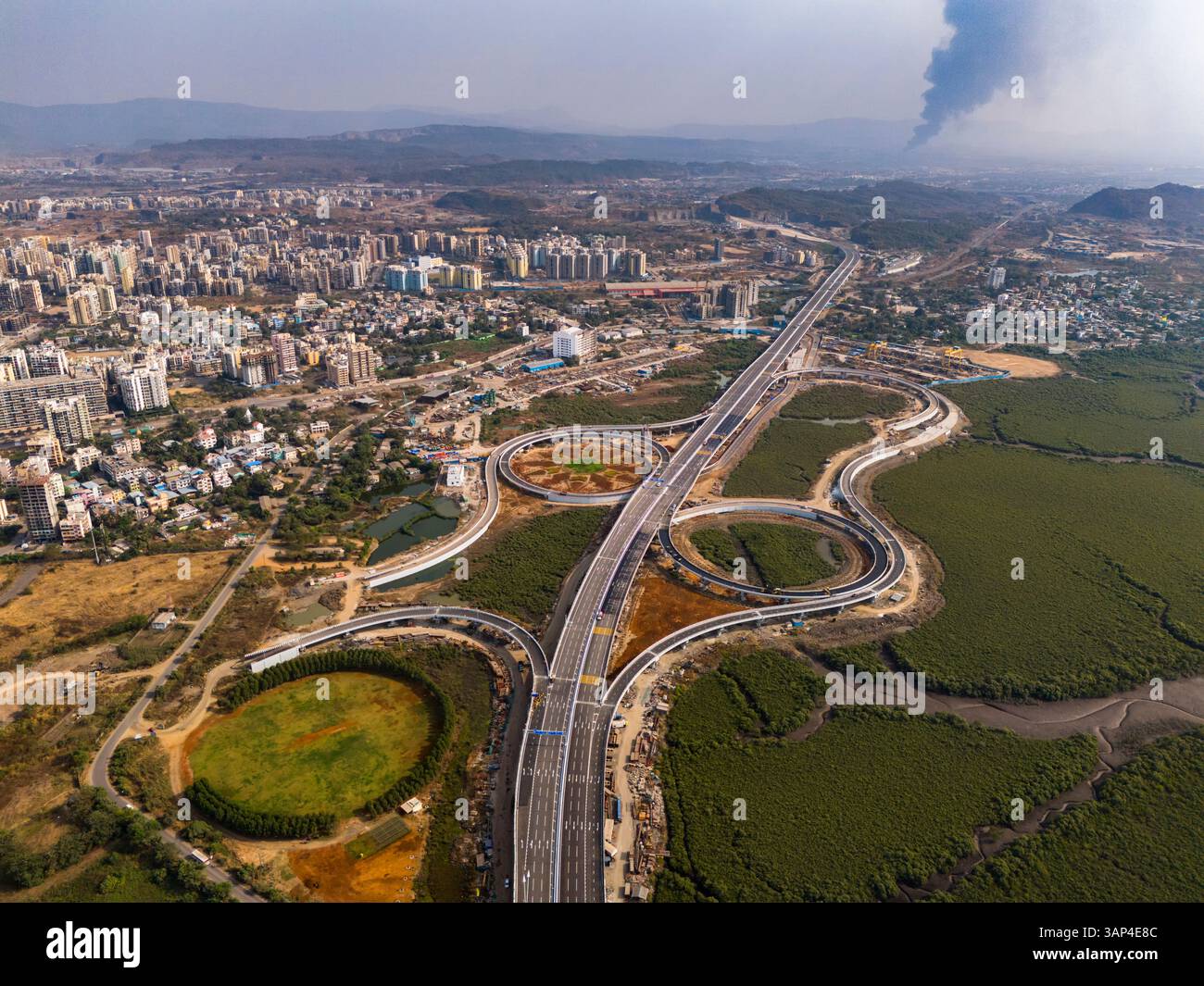 Aerial view of Ulwe town with Trans Harbour Link Road, Sewri, Nhava ...