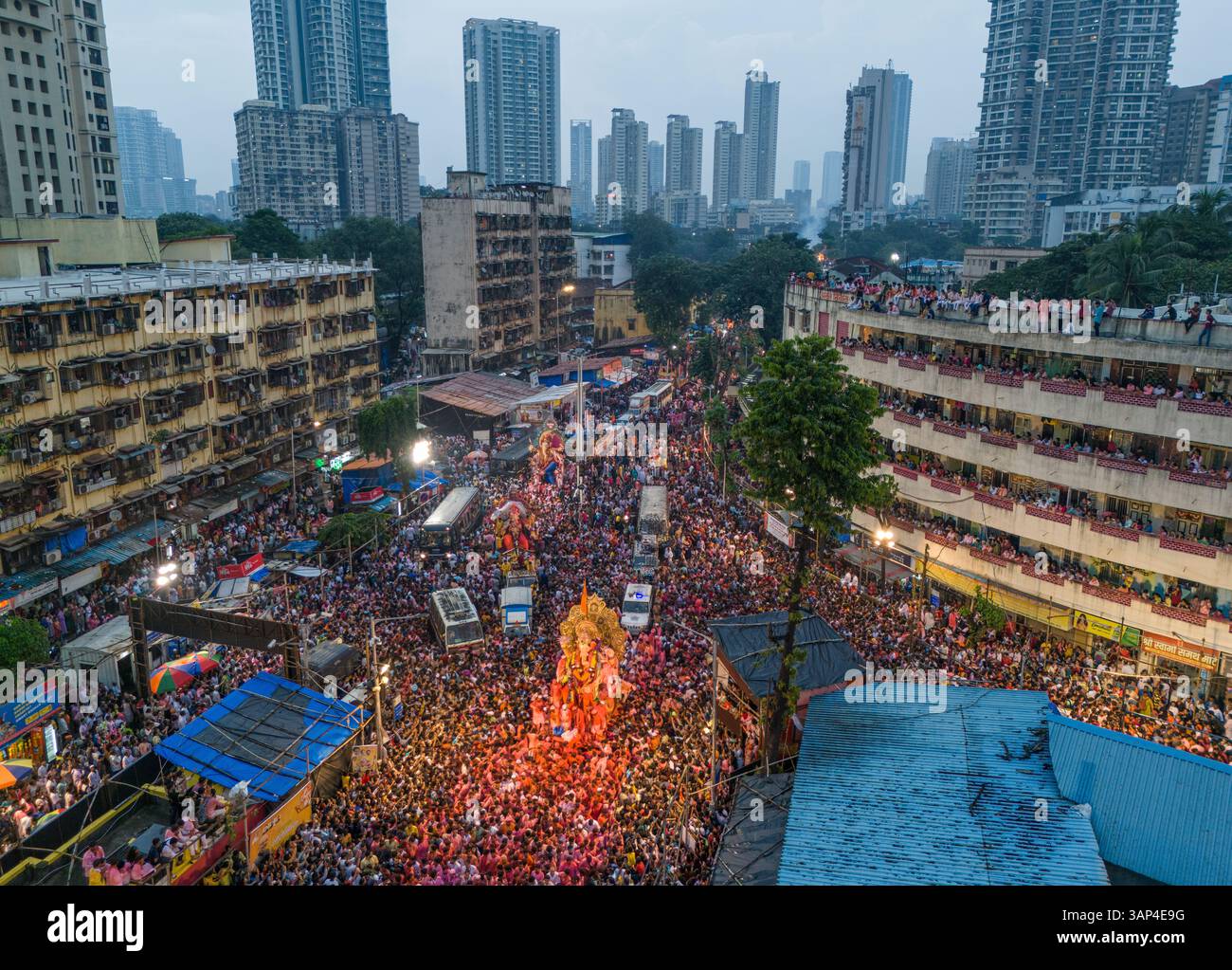 Aerial view of crowded Ganesh idol festival in Parel, Mumbai, India ...