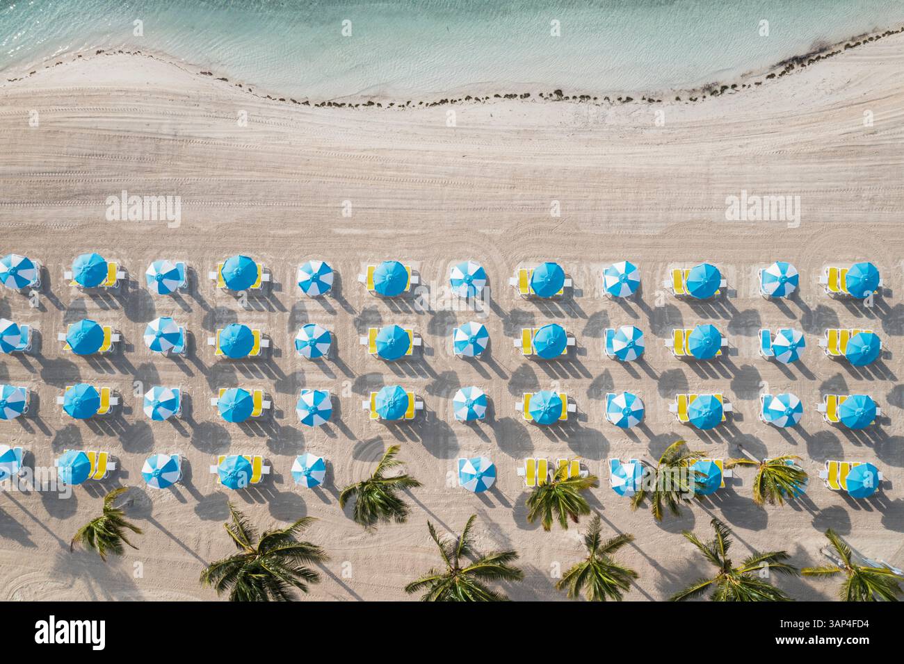 Aerial View of parasols along the beach, CocoCay, the Bahamas Stock ...