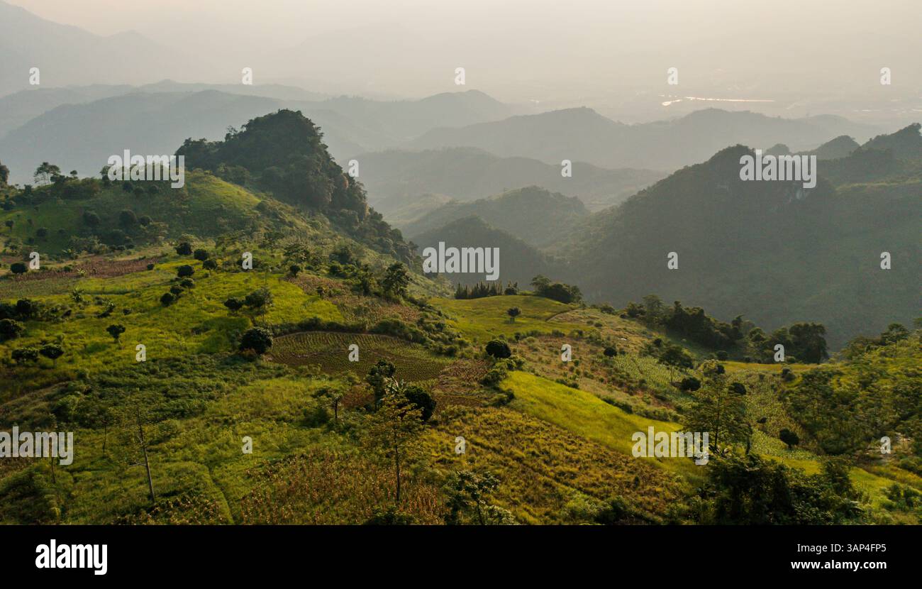 Aerial view of a hilly landscape at sunset Van Chan, Vietnam Stock ...